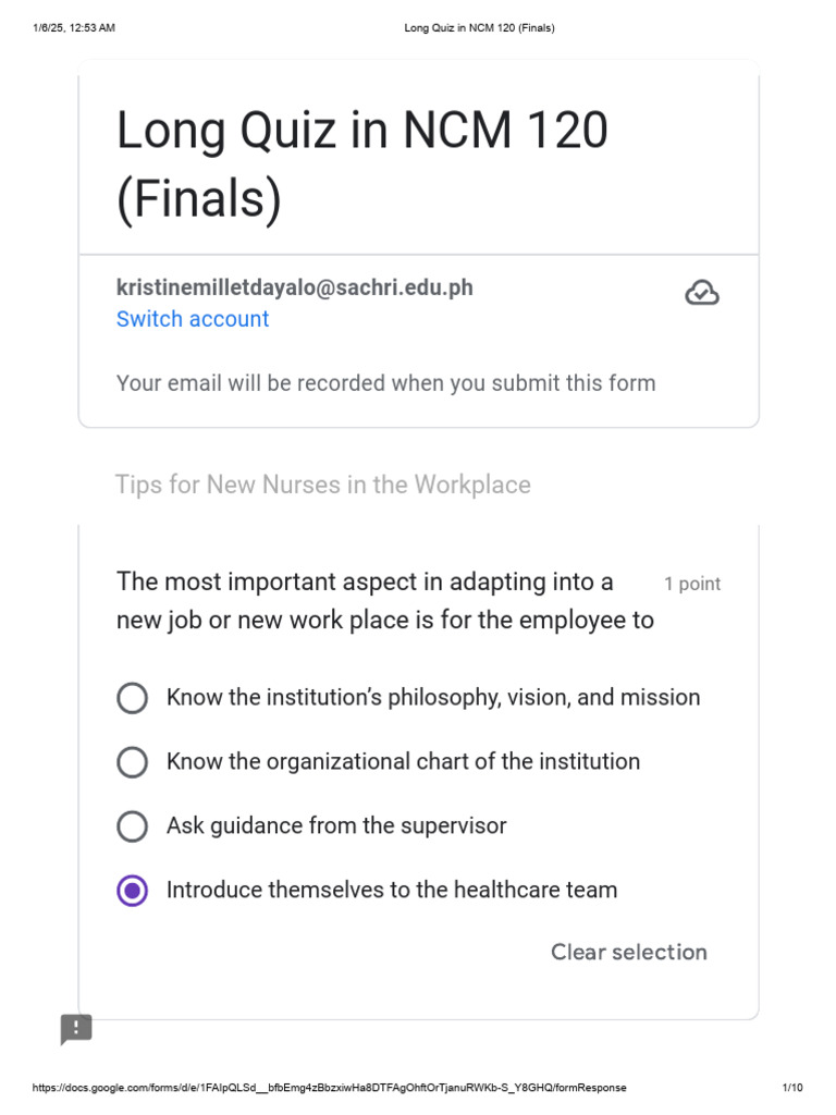 Long Quiz in NCM 120 (Finals) - 1 | PDF | Nursing | Patient