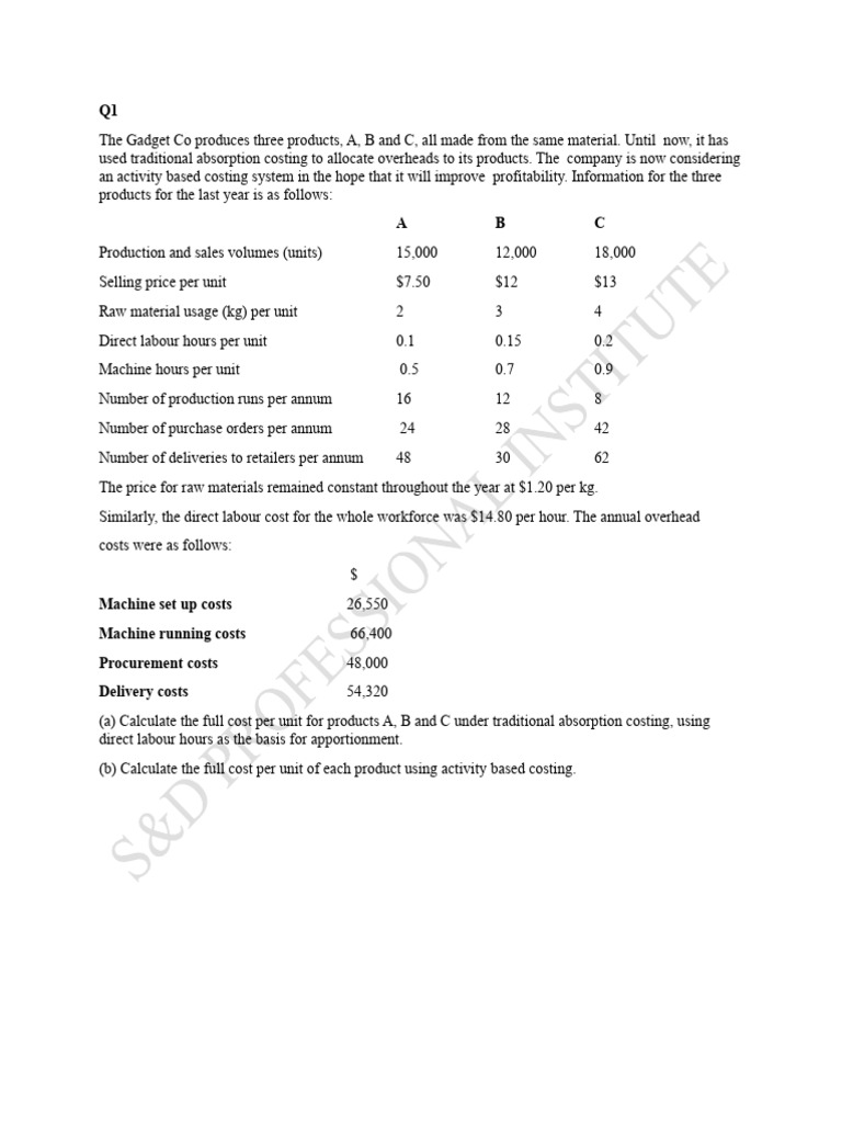 Activity Based Costing Questions | PDF | Financial Economics ...