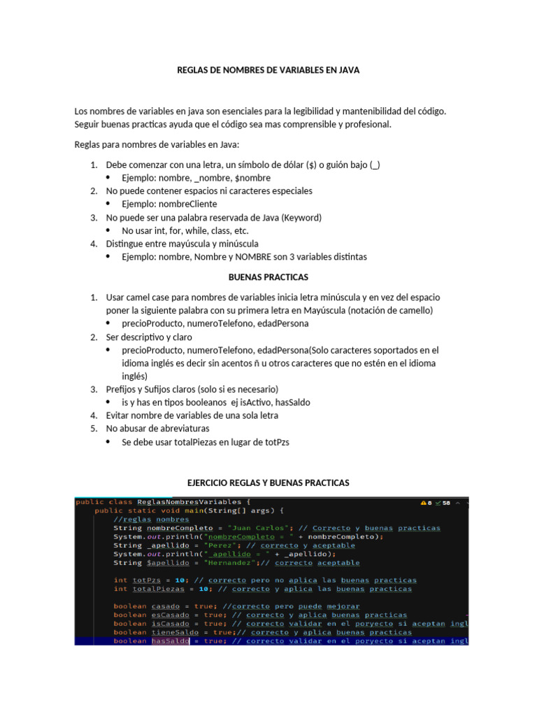 Reglas de Nombres de Variables en Java | PDF
