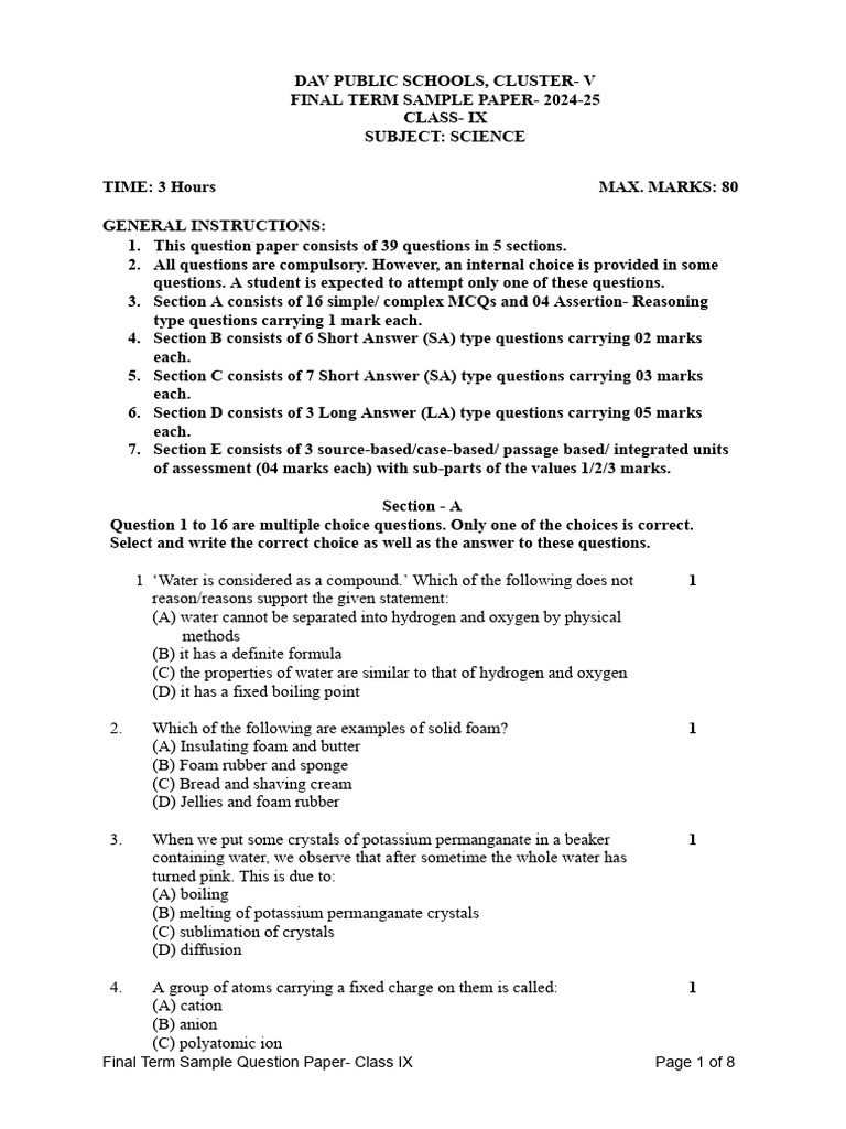 Science - Final Term - Sample Paper - Ix - 2024-25 | PDF | Epithelium | Atoms
