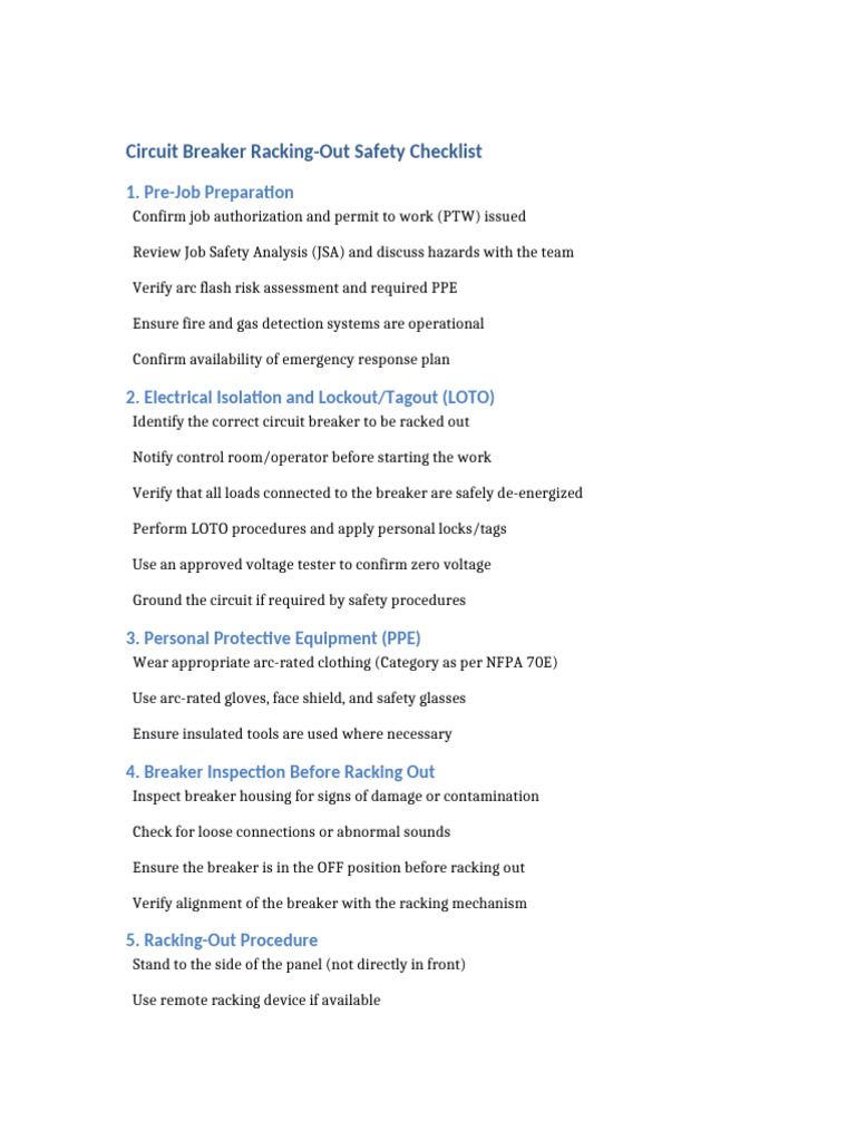Circuit Breaker Racking Out Safety Checklist | PDF