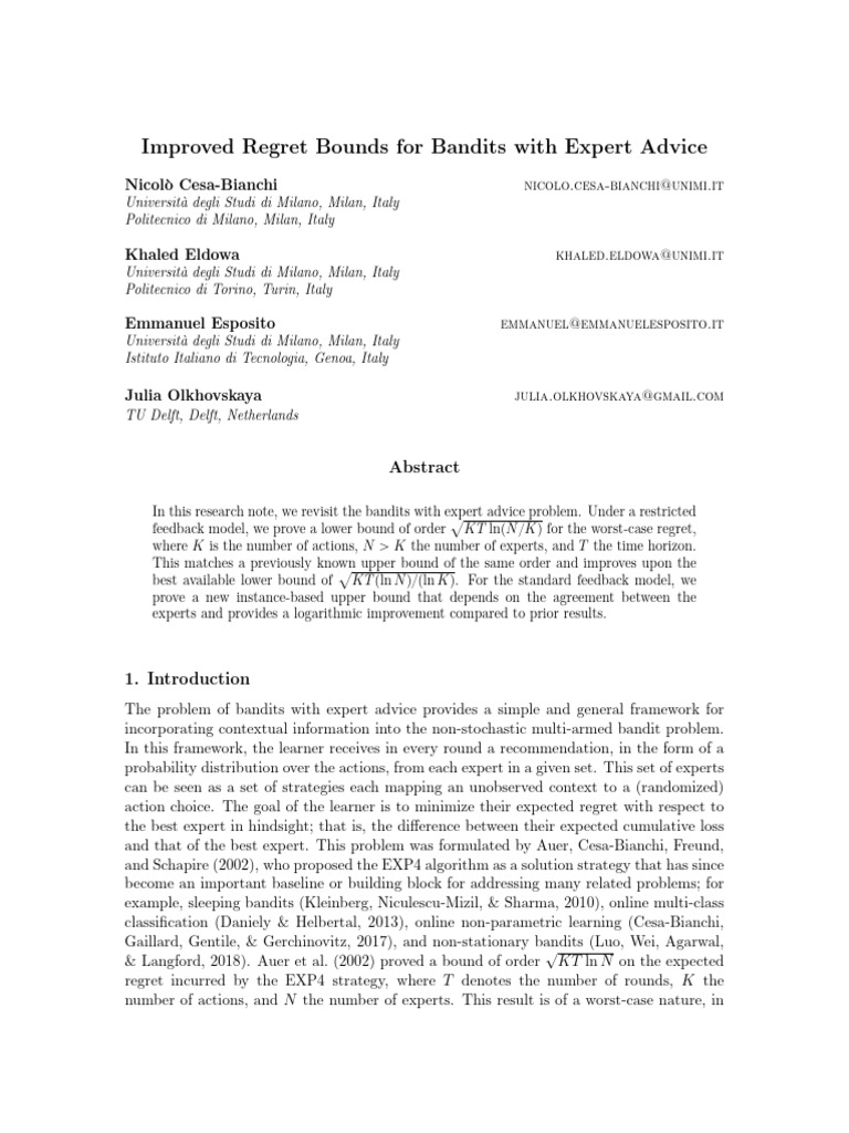 Improved Regret Bounds For Bandits With Expert Advice | PDF ...