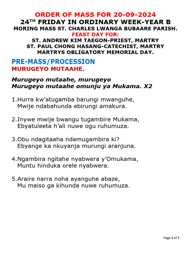 Order of Mass For Friday 20.09.2024 | PDF | Christian Worship And ...