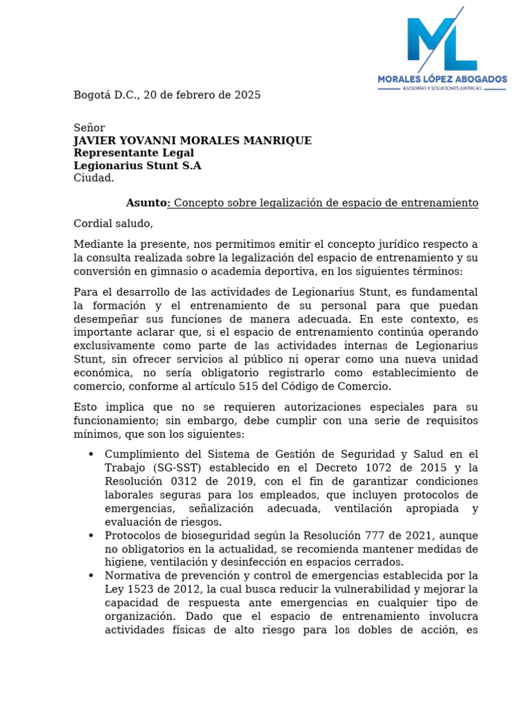 Concepto Jurídico Sobre Espacio de Entrenamiento Legionarius Stunt ...
