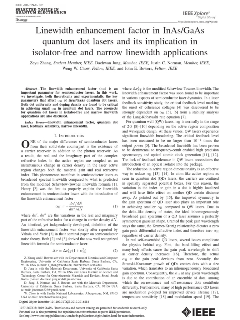 Linewidth Enhancement Factor in InAs GaAs Quantum Dot Lasers and Its ...