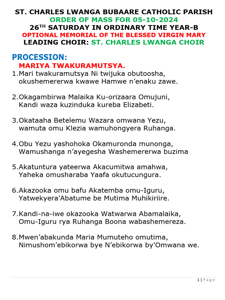 Order of Mass: Maria Twakuramutsya | PDF | Catholic Liturgy | Mass ...