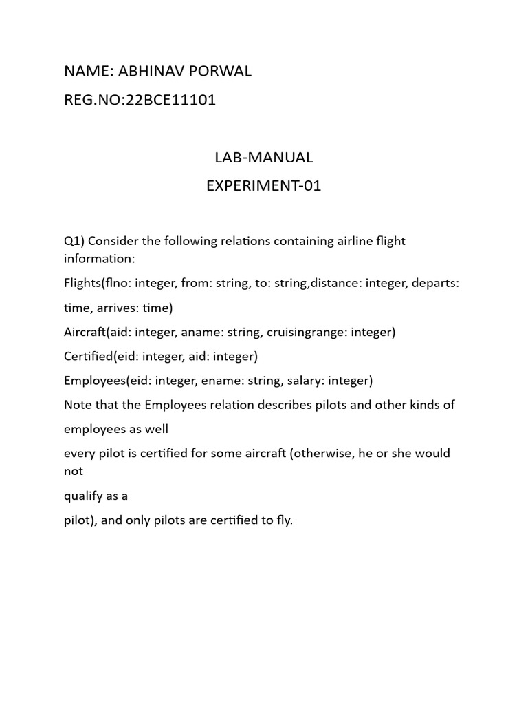 22bce11101 Lab Experiment DBMS | PDF | Data Management | Aviation