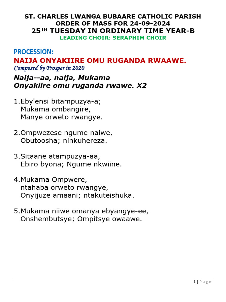 Order of Mass For Tuesday 24-09-2024 | PDF