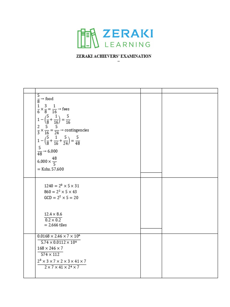 Mathematics - Mathematics Form 2 - Zeraki Achievers 3.0 - Marking Scheme | PDF | Subtraction ...
