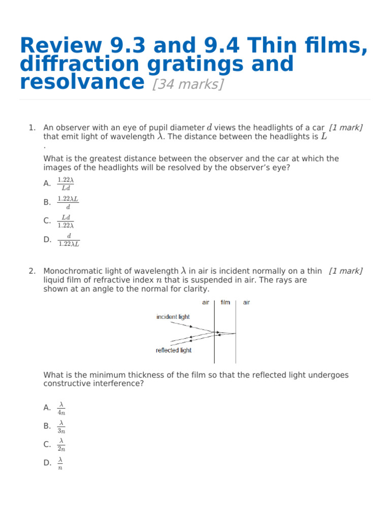 Review 9.3 and 9.4 Thin Films Diffraction Gratings and Resolvance | PDF | Diffraction | Wavelength