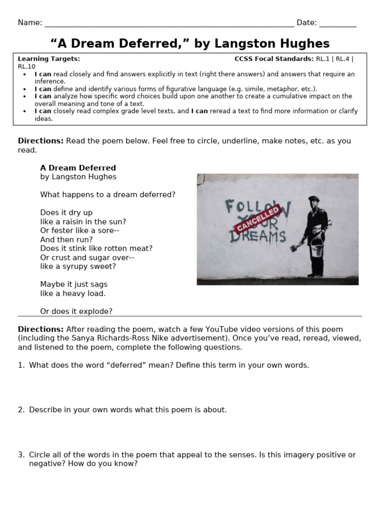 ADreamDeferredbyLangstonHughesPoetryLesson-1 (2) | PDF | Human ...