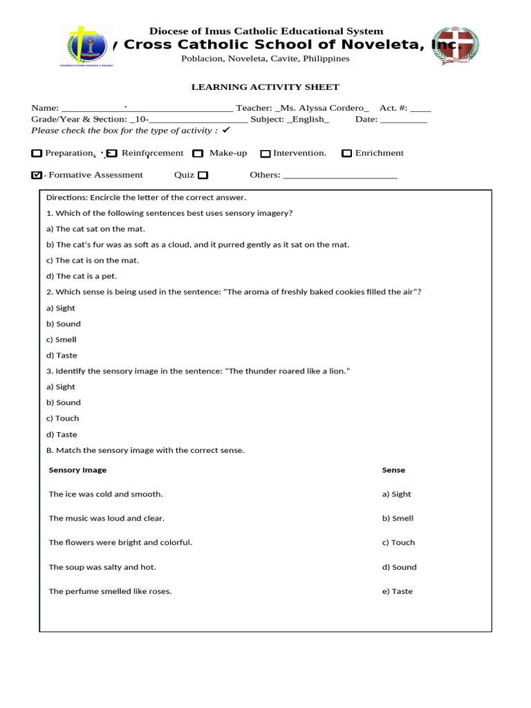 FA Grade 10 (Sensory Images) | PDF