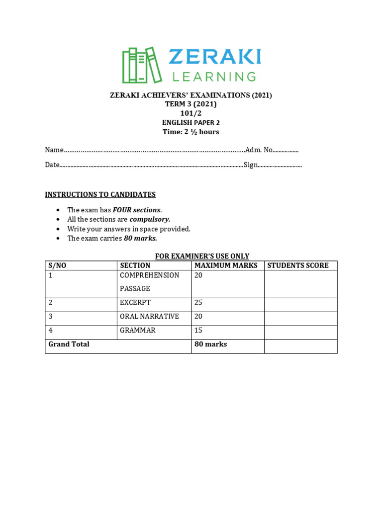 English - English Form 3 Paper 2 - Zeraki Achievers 3.0 - Question ...
