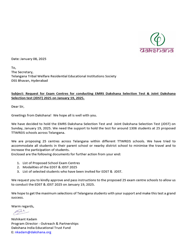 Centre Request Letter - TTWREIS | PDF | Qualifications | Educational ...