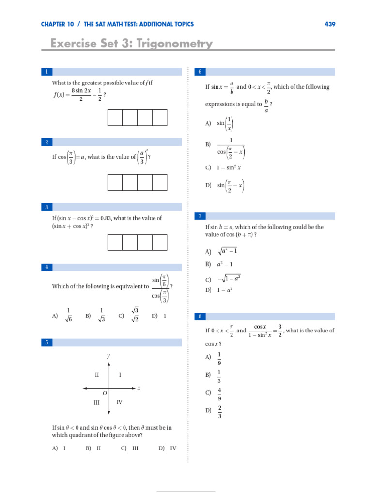 SAT Basic Trigonometry Exercises | PDF | Mathematics | Standardized Tests