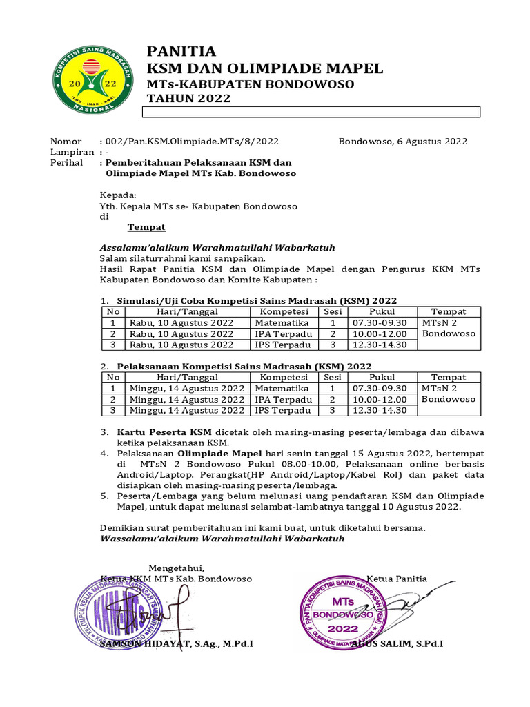 Jadwal KSM & Olimpiade MTs Bondowoso 2022 | PDF
