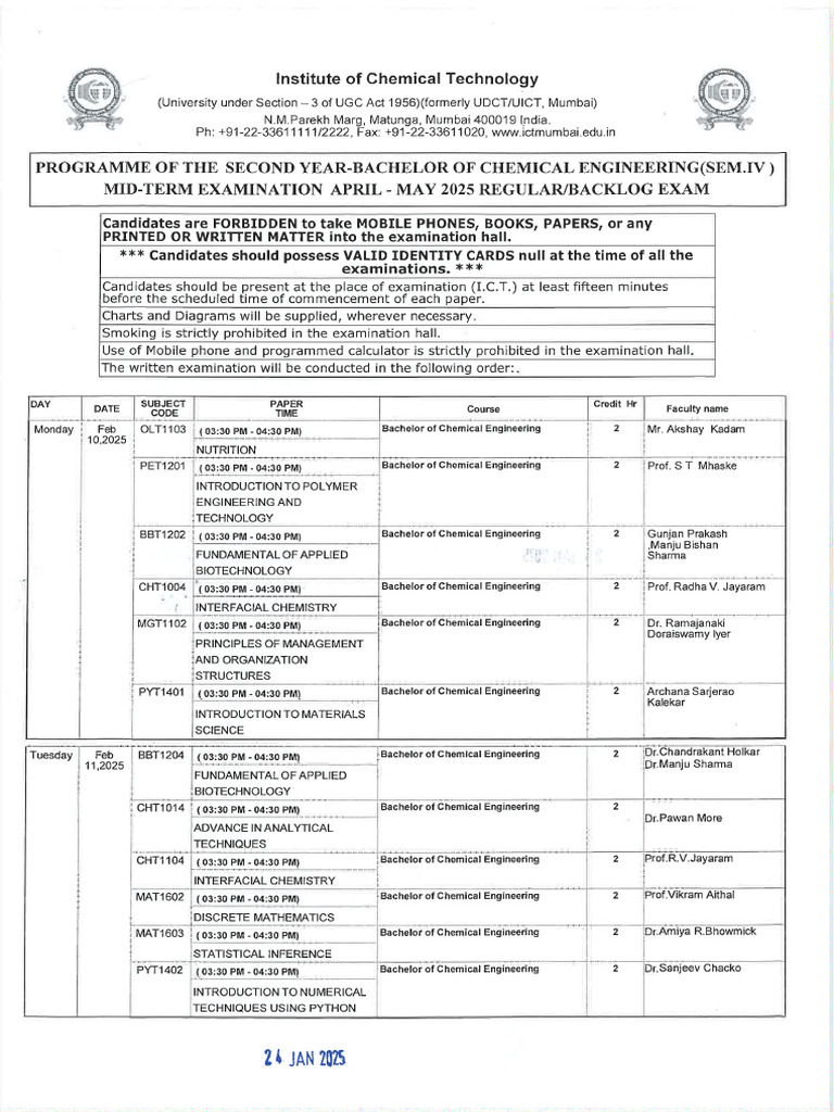 Mid Semester Timetable of S.y.b.chem. Engg. Sem IV | PDF