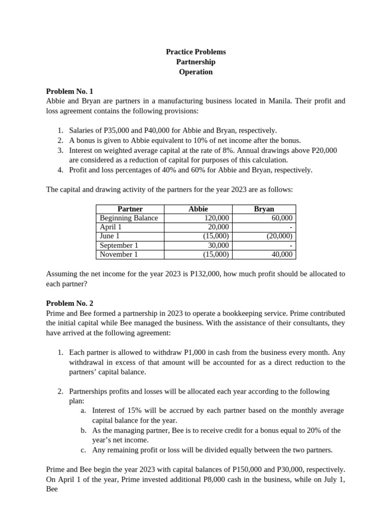 Practice Problems - Partnership Operation | PDF | Interest | Partnership