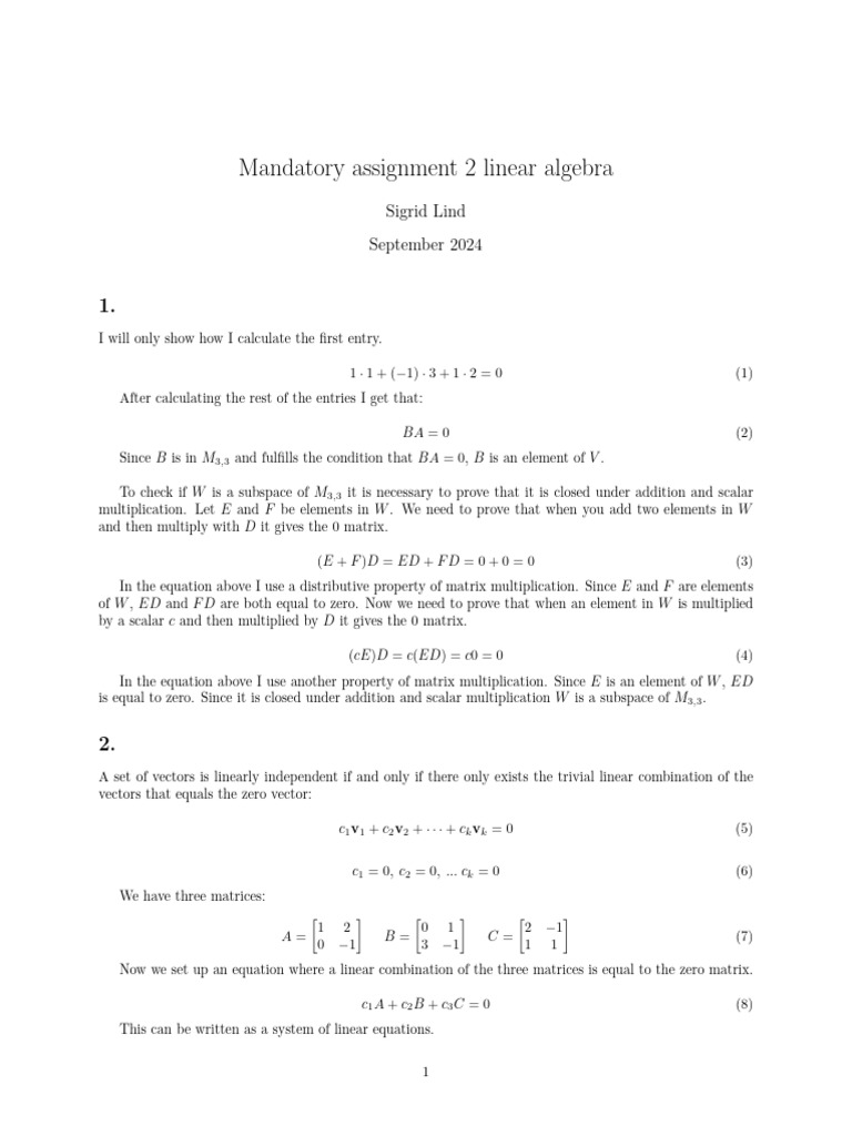 Linear Algebra Assignment Solutions | PDF | Matrix (Mathematics ...