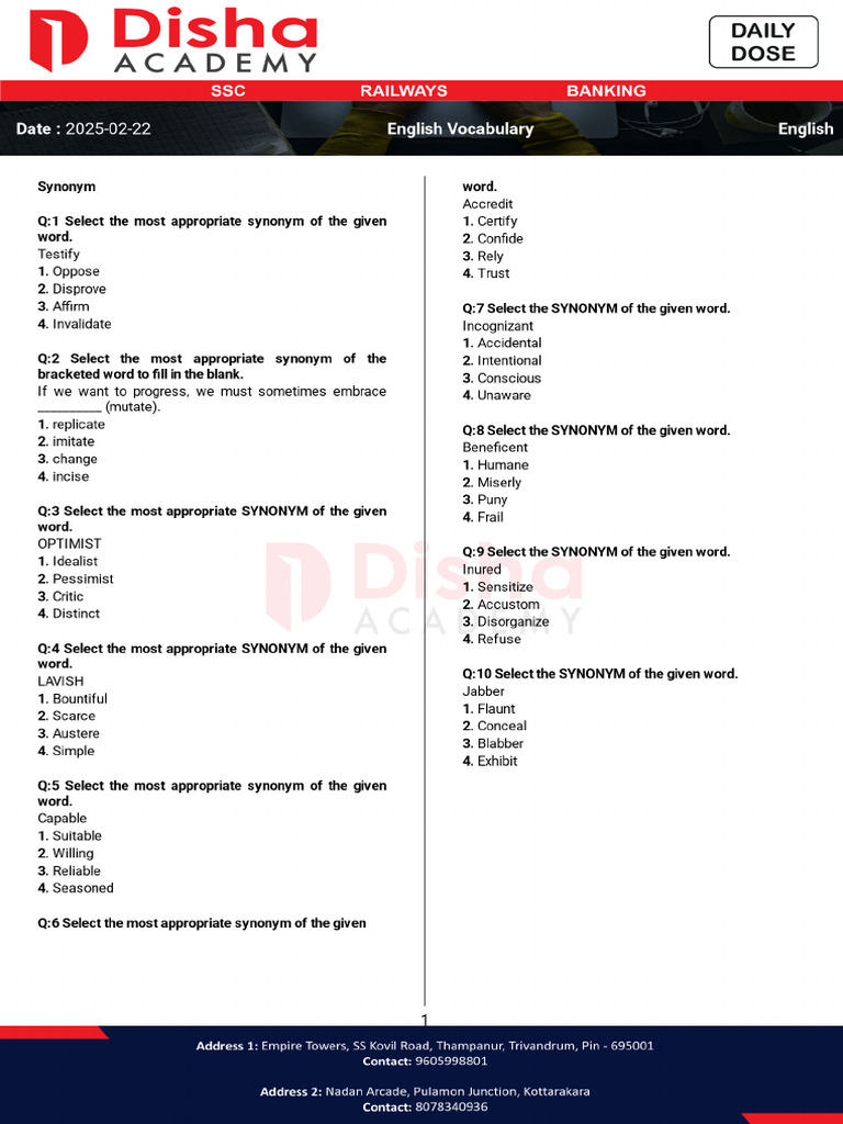 English Vocabulary English 2025-02-22 Disha | PDF