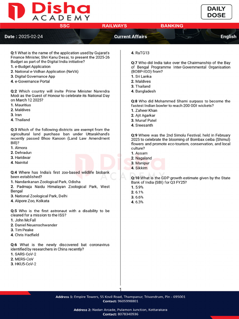 Current Affairs English 2025-02-24 Disha | PDF