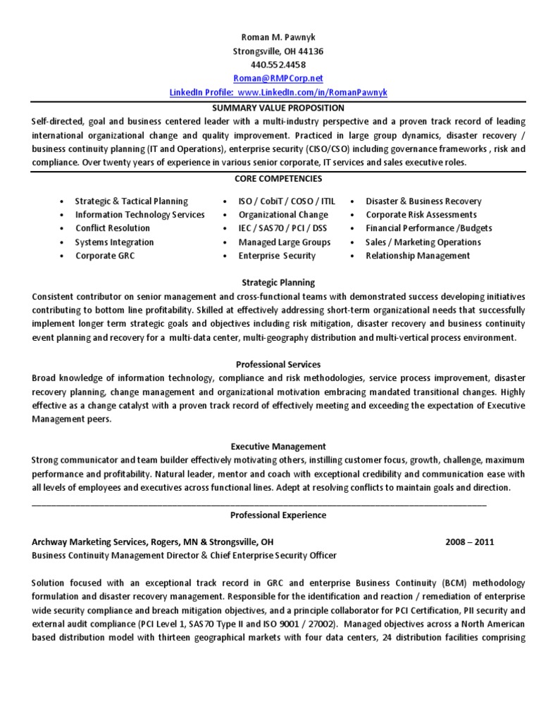 Information Technology CEO COO CSO in Cleveland OH Resume Roman Pawnyk ...