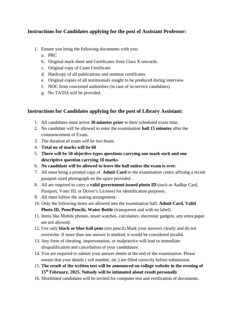 Assistant Professor & Library Assistant Exam Instructions | PDF ...
