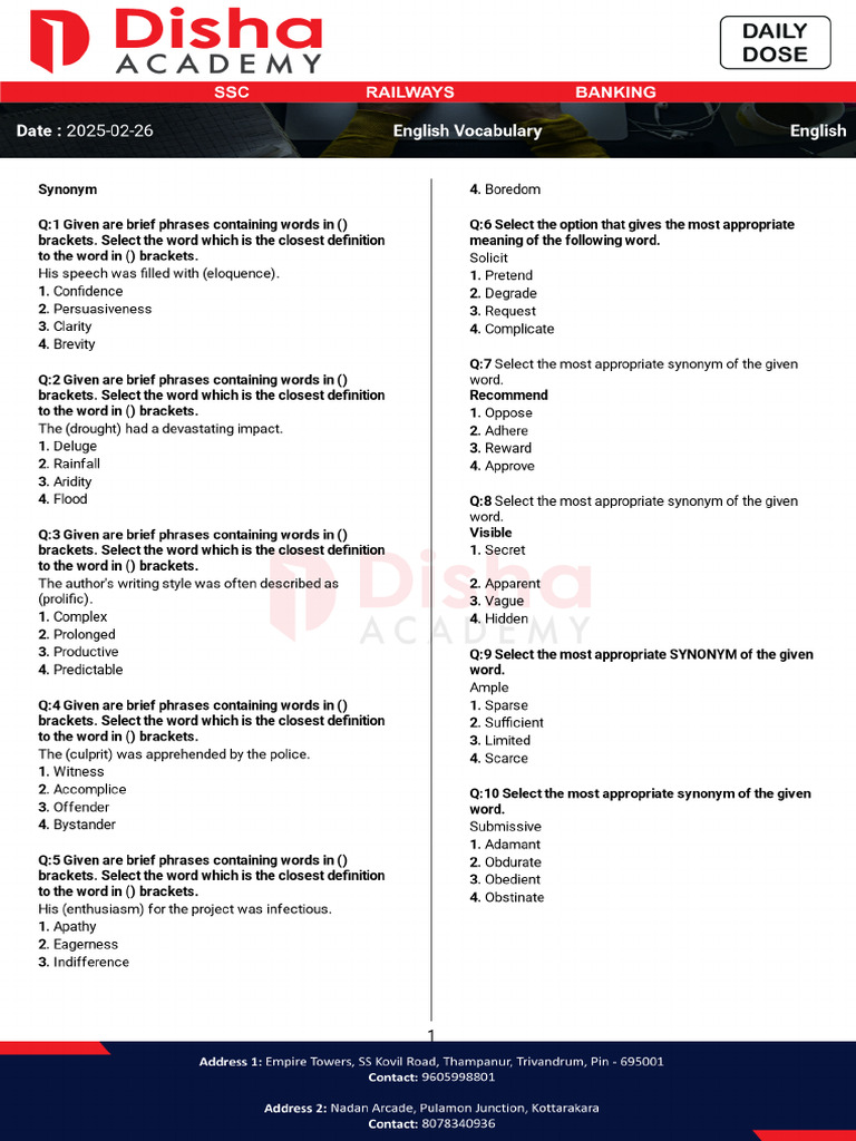 English Vocabulary English 2025-02-26 Disha | PDF