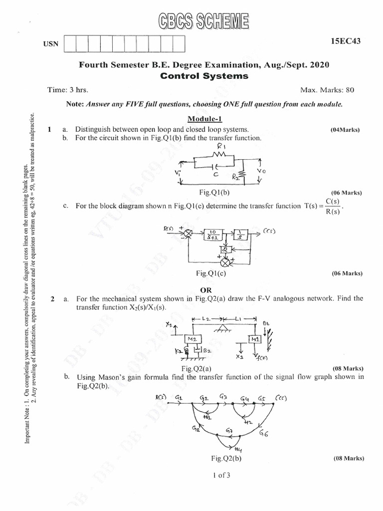 Be Ec 4 Sem Control Systems 15ec43 Sep 2020 | PDF