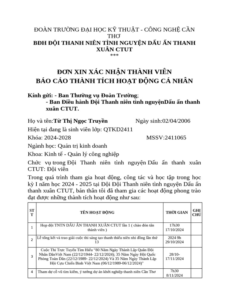 Don Xac Nhan Thanh Vien Bao Cao Thanh Tich Hoat Dong Ca Nhan 2024-2025 QTKD2411065 | PDF