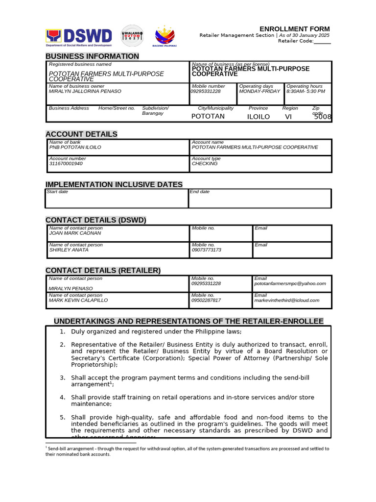 Pototan Farmers Coop Enrollment Form | PDF | Privacy | Business