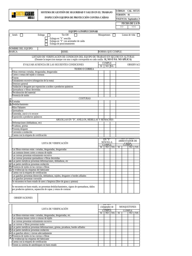 Inspección de Equipos de Protección Caídas | PDF | Materiales