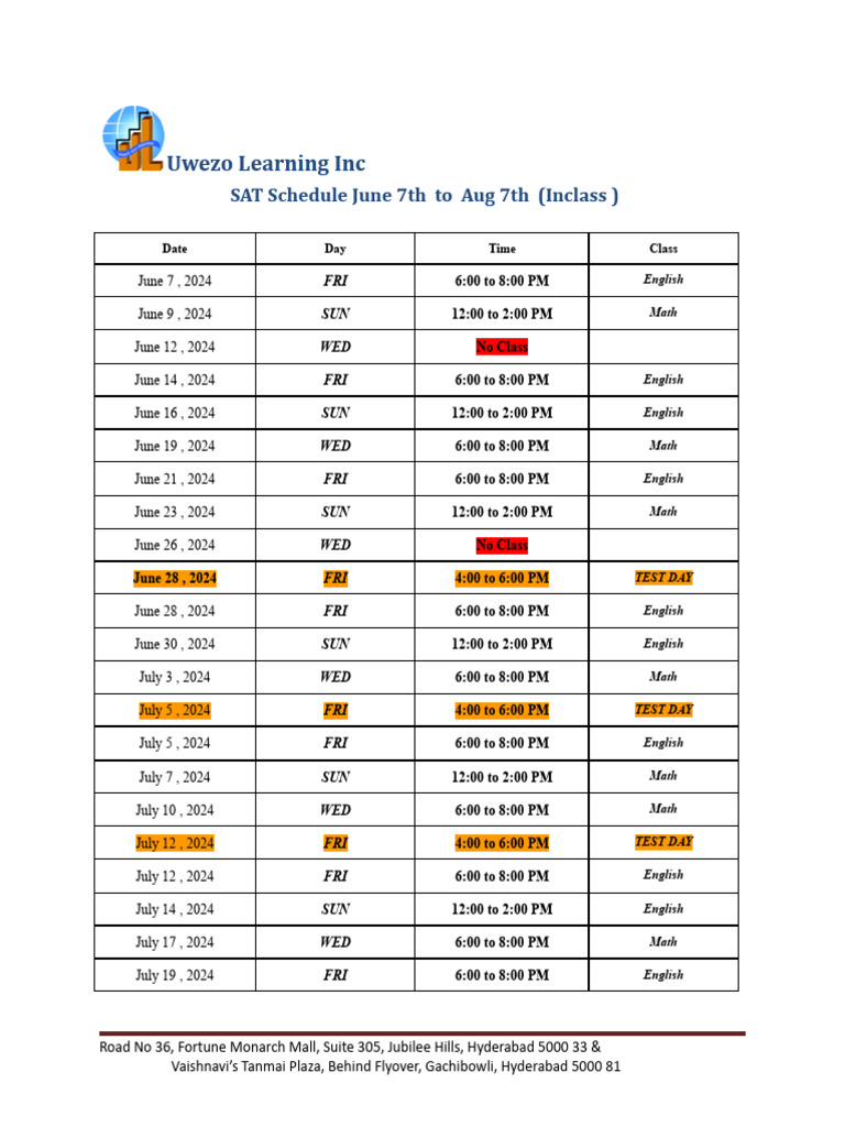 SAT Schedule June7 TH 2024 - Aug 7th, 2024 Inclass | PDF