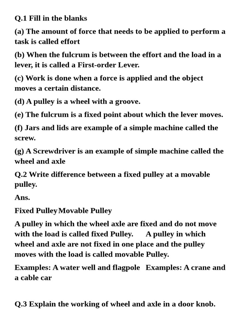 Answer Key EOY Class 5th Unit-7 Revision Work | PDF | Lever | Vertebral Column