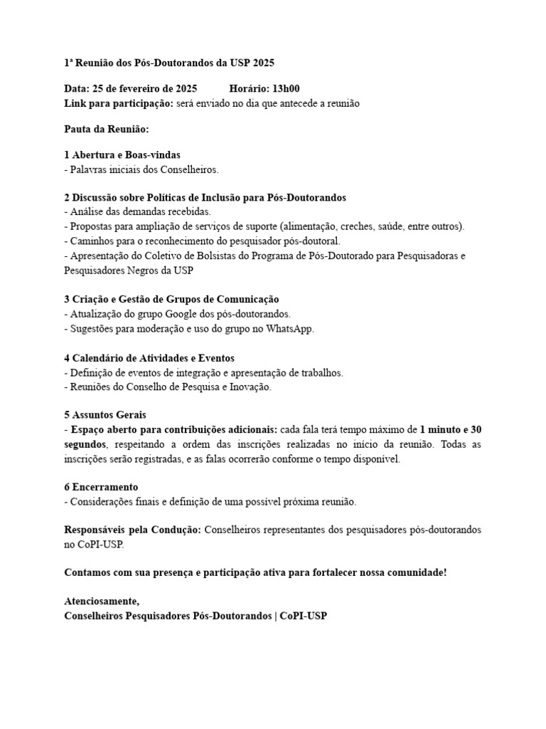 1 Reunião Dos Pós-Doutorandos Da USP 2025 | PDF