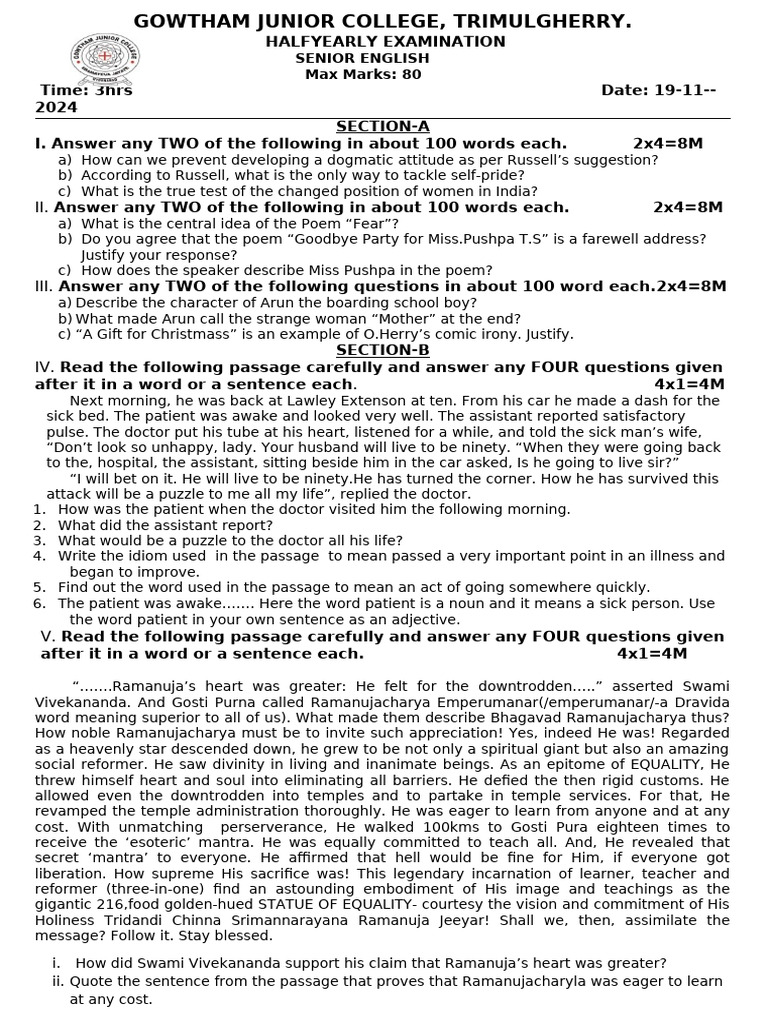 GJC Senior English Half-Yearly Exam 2024 | PDF