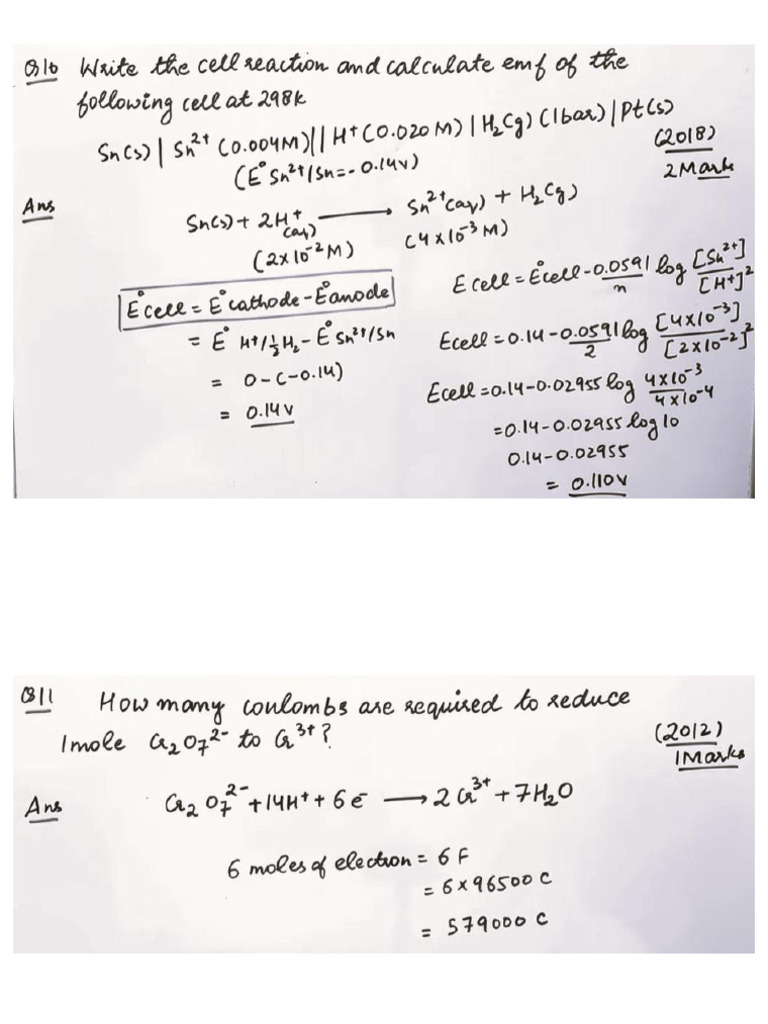 Electrochemistry - Numericals | PDF