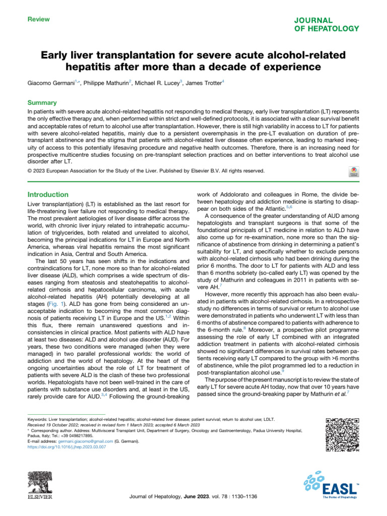 Early Liver Transplantation For Severe Acute Alcohol-Related Hepatitis ...