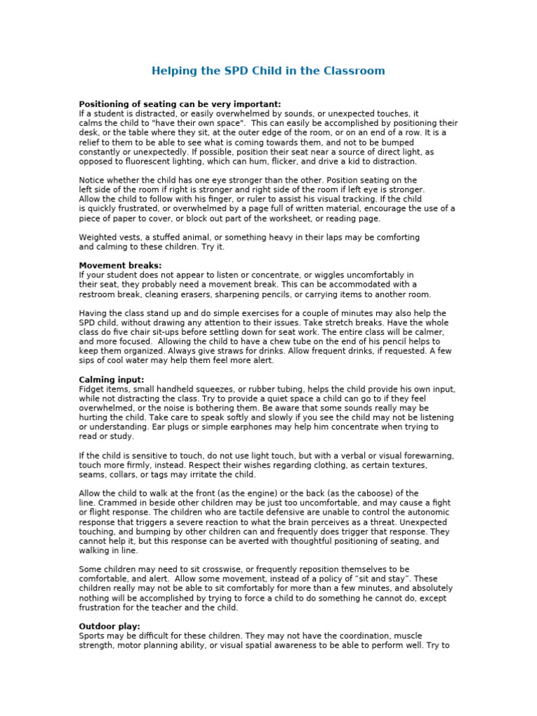 Helping The SPD Child in The Classroom | PDF | Classroom | Neuroscience