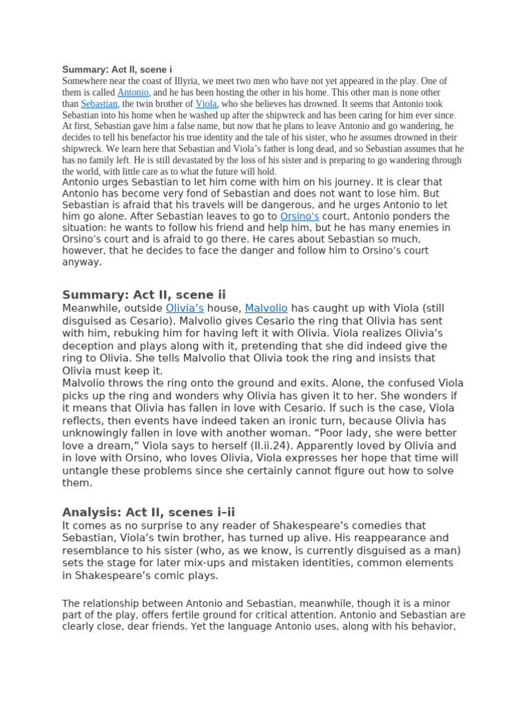 Summary of Twelfth Night Act 2 | PDF | Twelfth Night