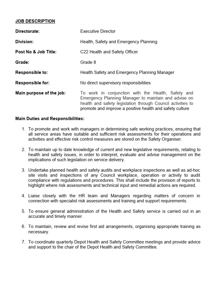 Health and Safety Officer Job Overview | PDF | Occupational Safety And ...