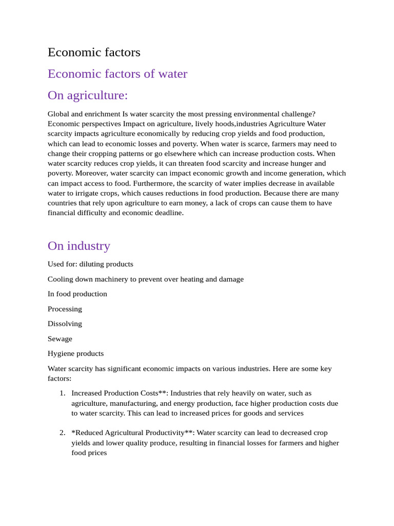 Economic Fators of Water - Global | PDF | Agriculture | Water Scarcity