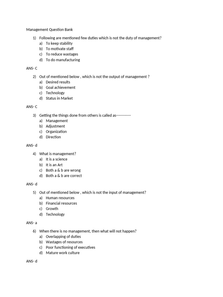 Management Question Bank Quiz | PDF | Human Resources | Business