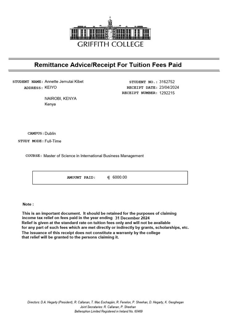 Tuition Fee Receipt for Tax Relief | PDF