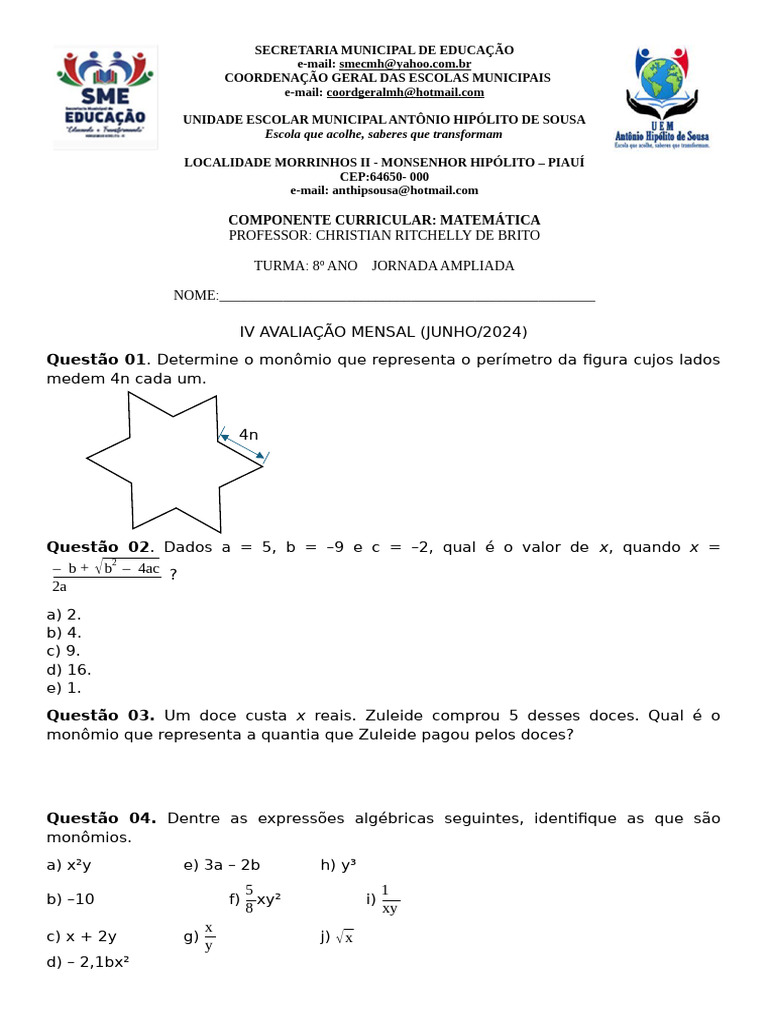 Prova de Mat. 8 Ano (Junho.2024) | PDF | Matemática | Álgebra