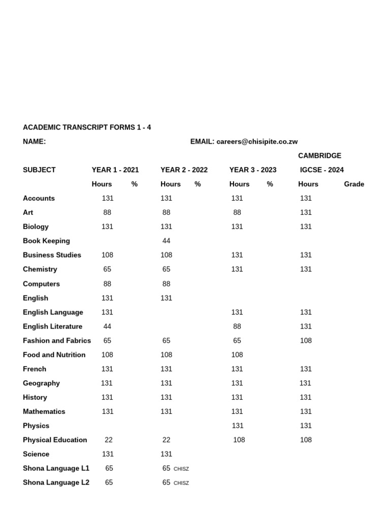 Blank Transcript Form 1 - 4 | PDF