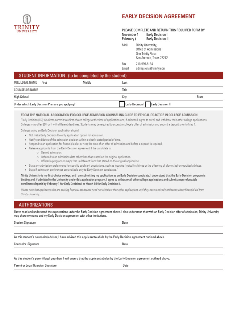 Trinity University Early Decision Agreement | PDF | Higher Education