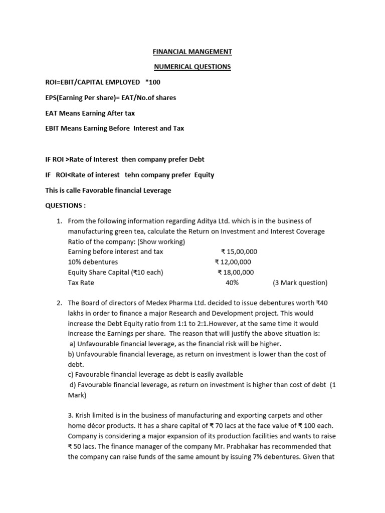 Numerical Questions Financial Management | PDF | Interest | Equity ...