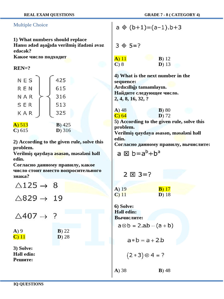 Iq - Grade 7 - 8 (Category 4) - Answer (2) - 1 | PDF
