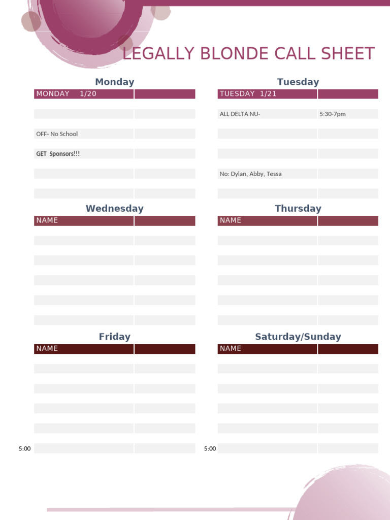 Legally Blonde CALL SHEET | PDF